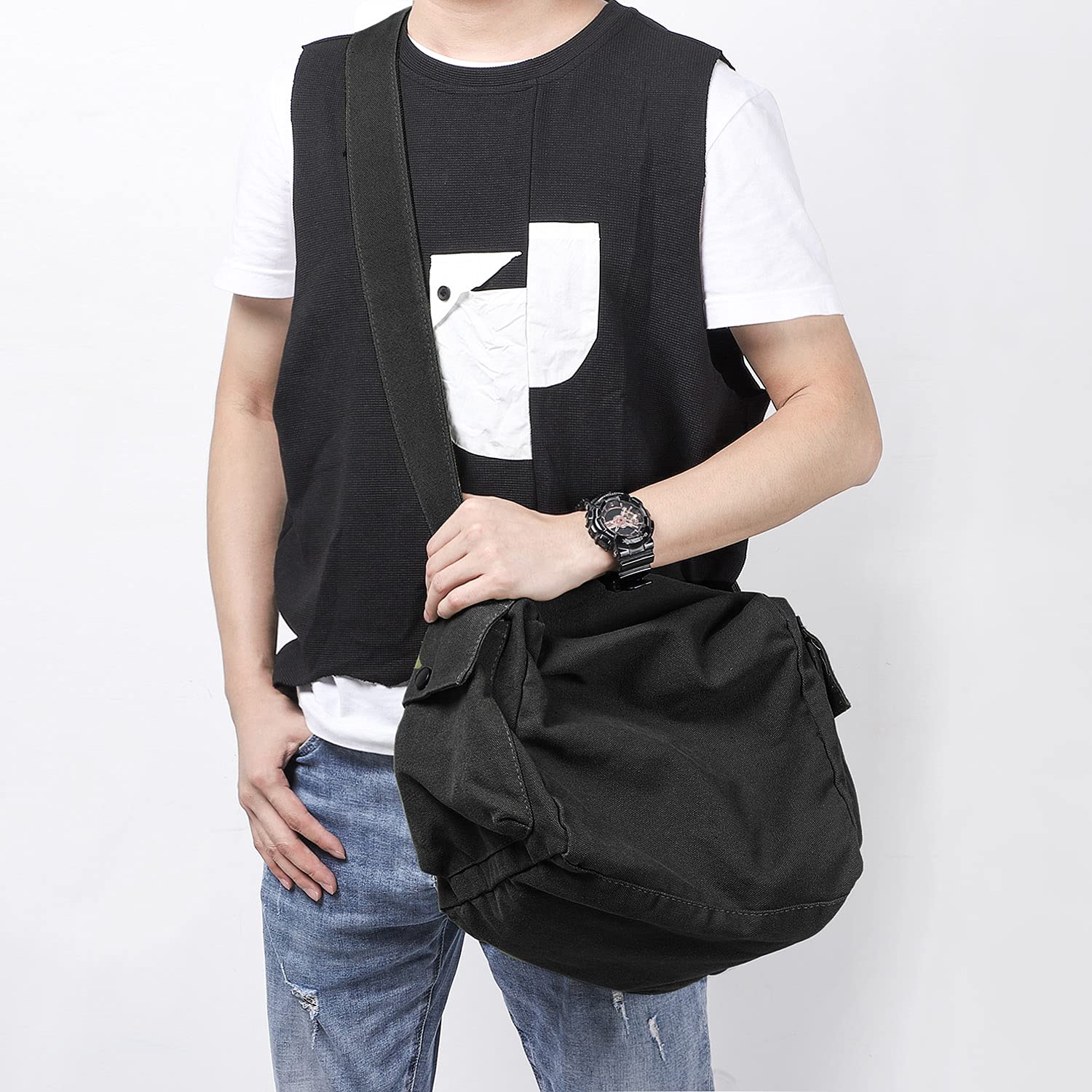 WantGor Canvas Crossbody Bag for Women Men, Large Shoulder Tote Bag Work Handbag Casual Hobo Bags (Black)
