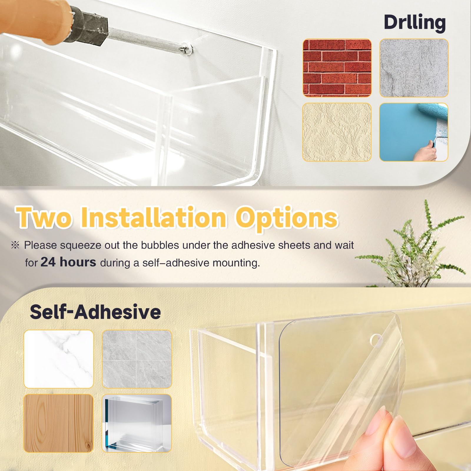 GTJ Acrylic Shelves, 4-Pack Spice Rack Wall Mount, Clear Book Shelves for Wall, Spice Organization, Vinyl Wall Mount, Cabinet, Pantry Door, Kitchen, Bedroom, Self-Adhesive and Drilling