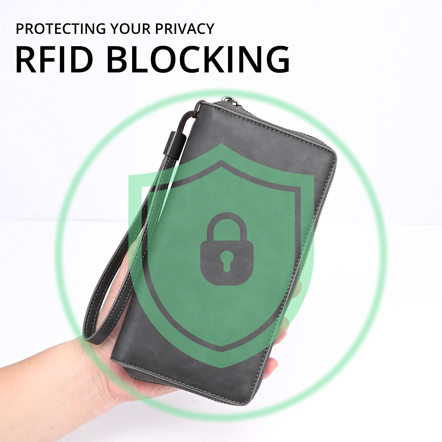 Women's RFID Blocking Leather Zip Around Wallet Large Phone Holder Clutch Travel Purse Wristlet (Grey)