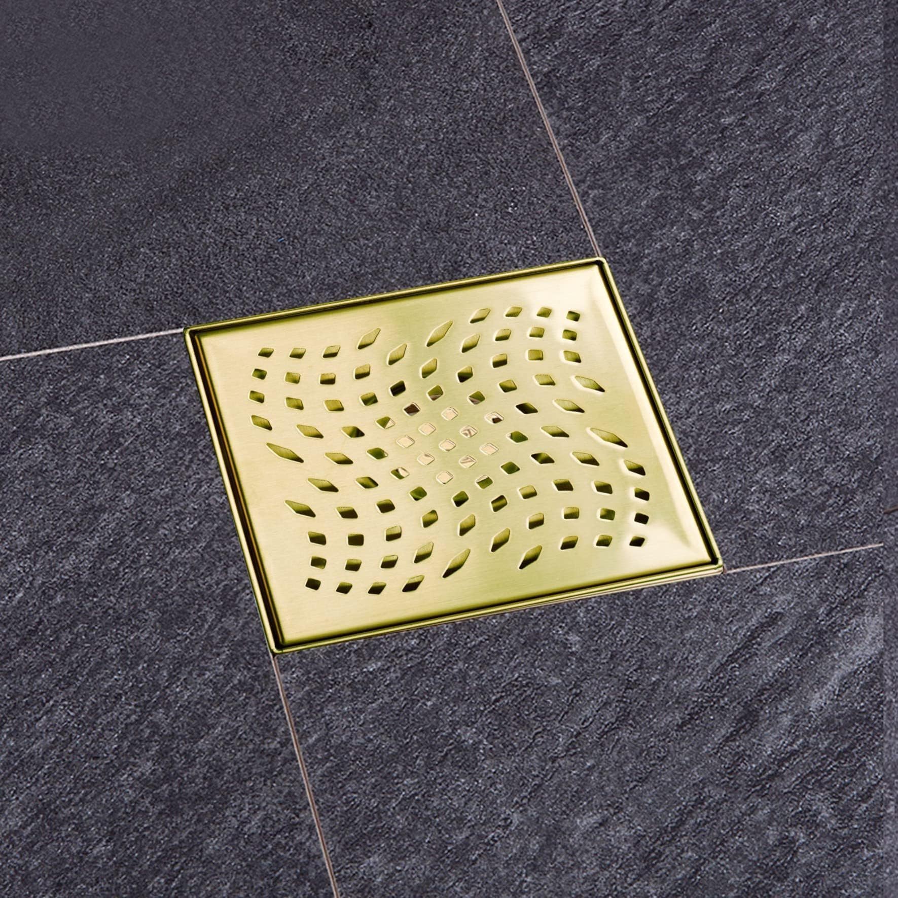 Gold Brushed Shower Drain with Flange, HIDROP SUS 304 Stainless Steel 6 inch Square Shower Floor Drain with Removable Hair Strainer