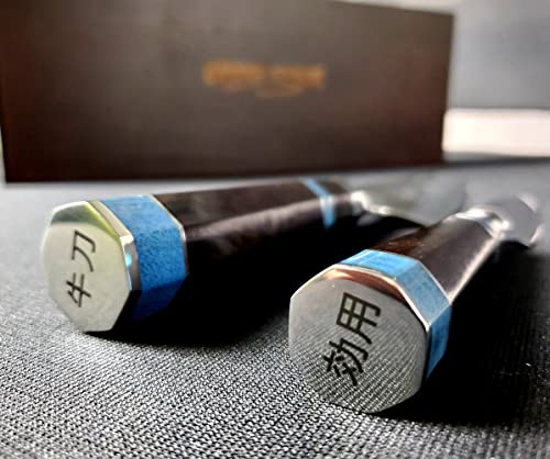 Ergo Chef Limited Series 2pc. Damascus Japanese VG10 8-inch Kiritsuke Knife and 5 inch Utility knife Set, Ebony and Blue Stabilized Wood Handles Includes Wooden Gift/Storage Box
