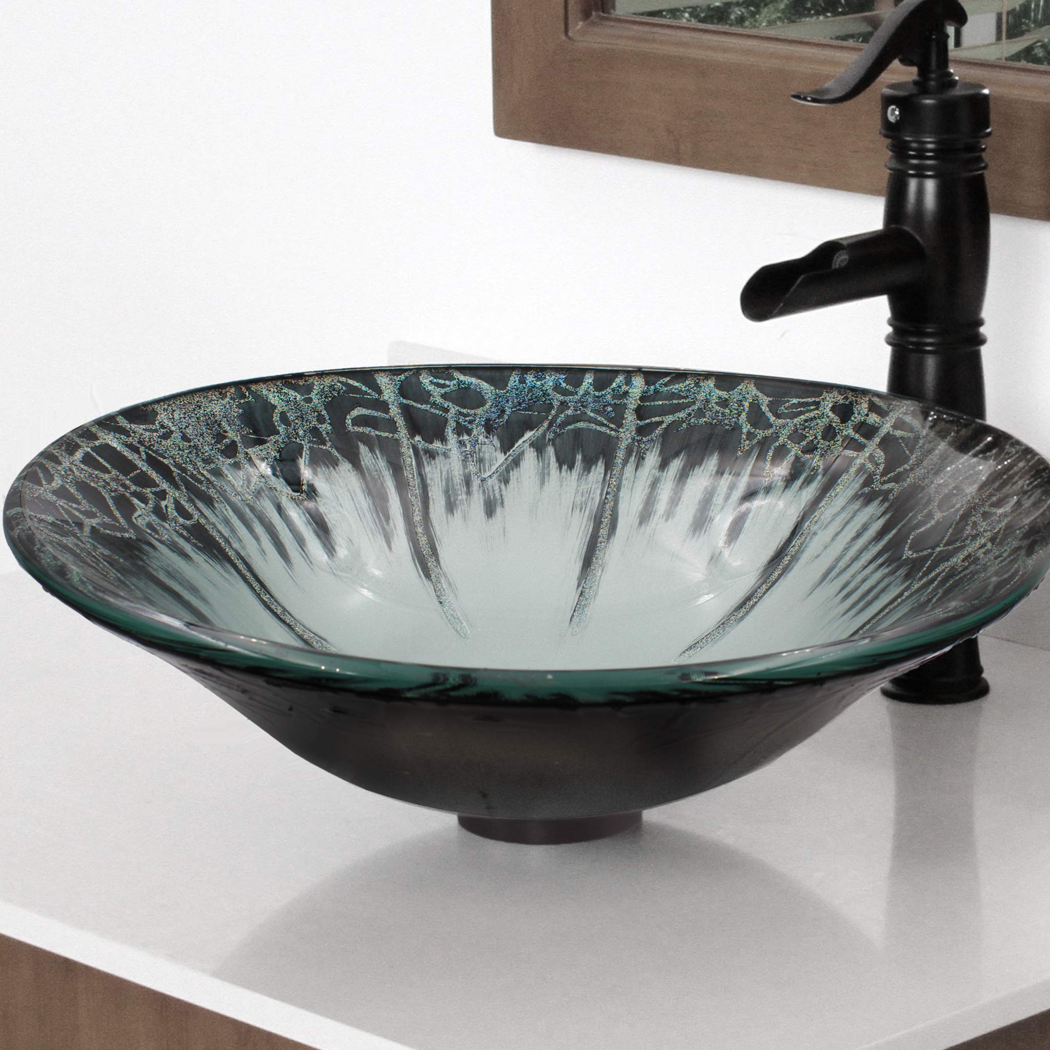 Novatto (NOVB0) Credere Artsy Glass Vessel Bath Sink, blue, black and silver (NOHP-G19012)