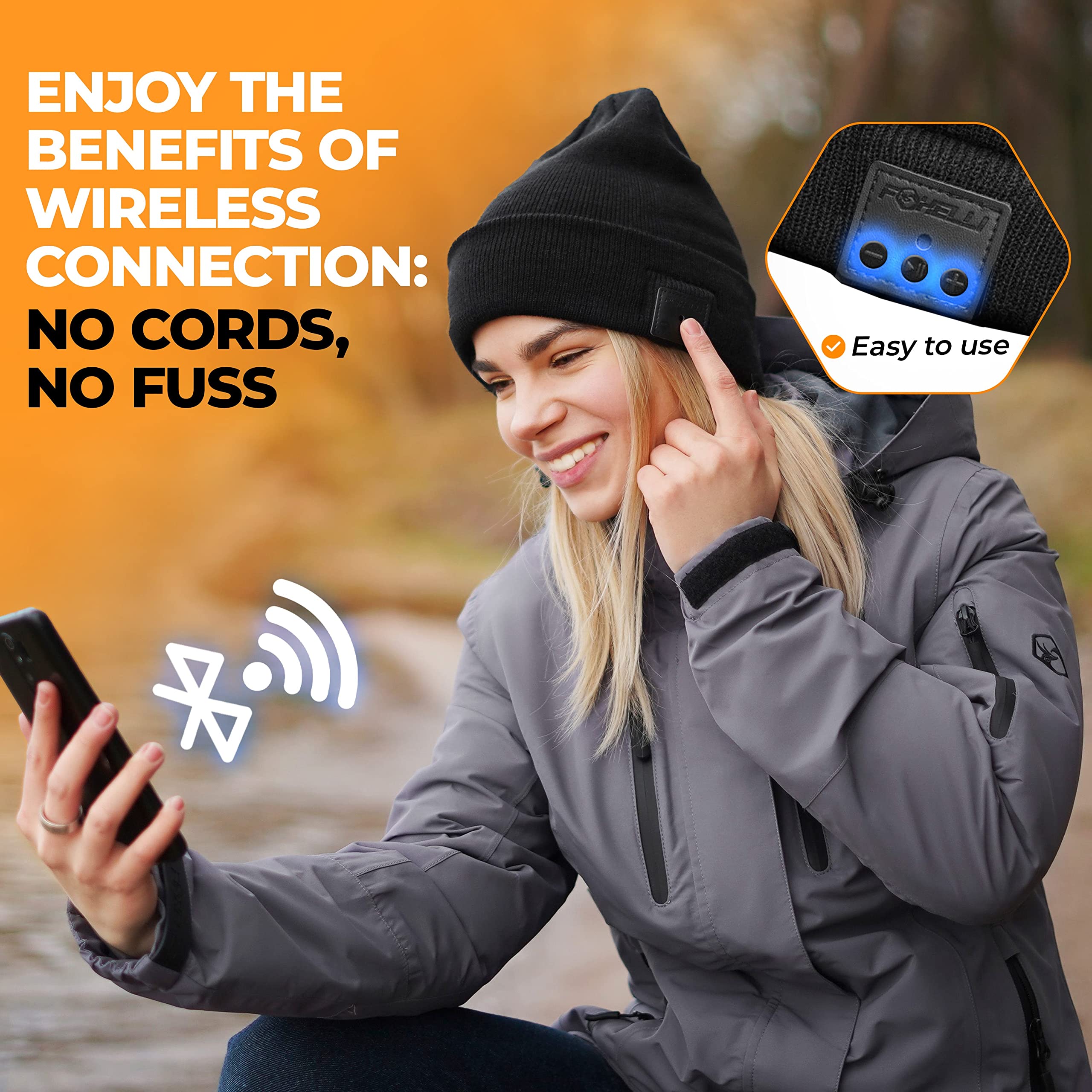 Foxelli Bluetooth Beanie – Wireless Beanie Hat with Headphones for Men & Women Black