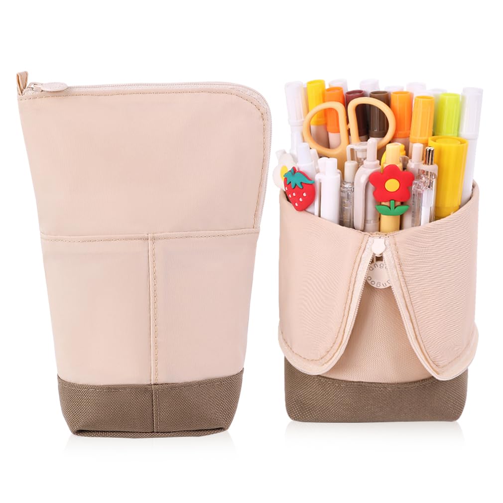 iSuperb Standing Pencil Case Large Pencil Pouch Pen Holder Makeup Cosmetics Bag for Women Office (Beige)