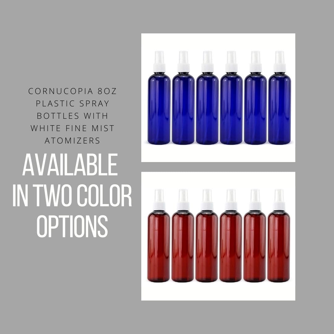 Cornucopia 8oz Amber Brown PLASTIC Spray Bottles with White Fine Mist Atomizers (6-Pack); Brown Plastic Spritzer Bottles