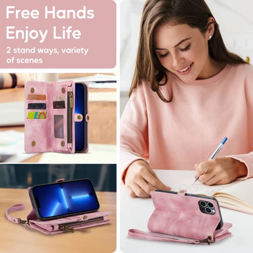 Zttopo for iPhone 13 Pro Max Wallt Case, 2 in 1 iPhone 13 Pro Max Case Wallet with Premium Leather Zipper Lanyard Card Holder, Durable Wristlet Flip Case Money Pocket Cover 6.7 inch