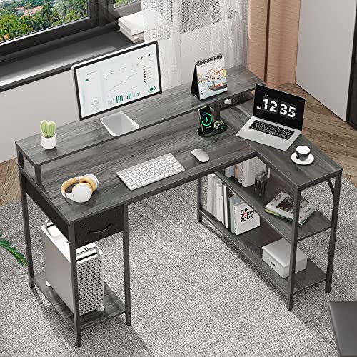 SUPERJARE L Shaped Gaming Desk with LED Lights & Power Outlets and