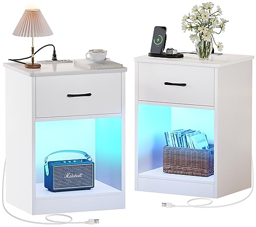 SUPERJARE L Shaped Computer Desk with Power Outlets & LED Lights and Nightstands Set of 2 with Charging Station & LED Light Strips, White