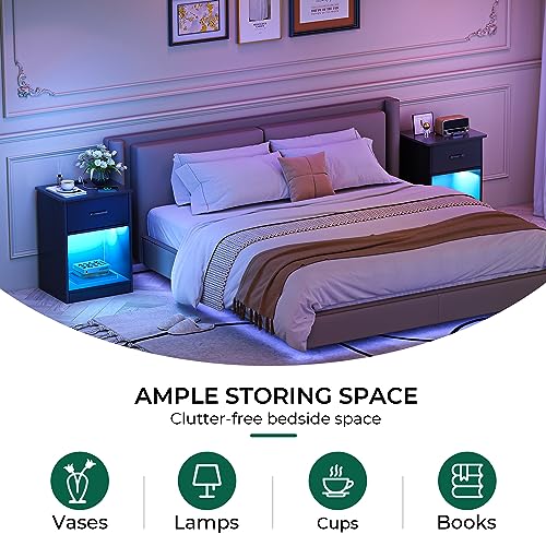 SUPERJARE L Shaped Gaming Desk with Power Outlets & LED Lights and Nightstands Set of 2 with Charging Station & LED Light Strips, Black