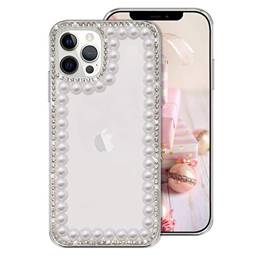 Guppy for iPhone 12 Pro Max Women Girls Bling Diamond Pearl Case Luxury Glitter Handmade Rhinestones Soft Silicone Rubber Sparkly Shiny Protective Cover Case for iPhone 12 Pro Max 6.7" Clear