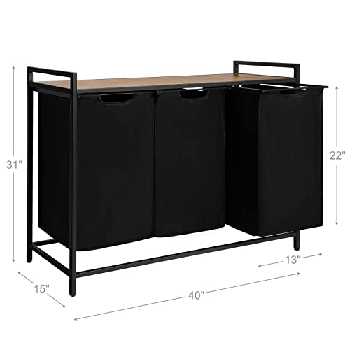 Graciadeco Pull Out Laundry Hamper 3 Compartment Laundry Sorter with Shelf 3 Section Laundry Basket with 3 x 16 Gallons Removable Bags, Black