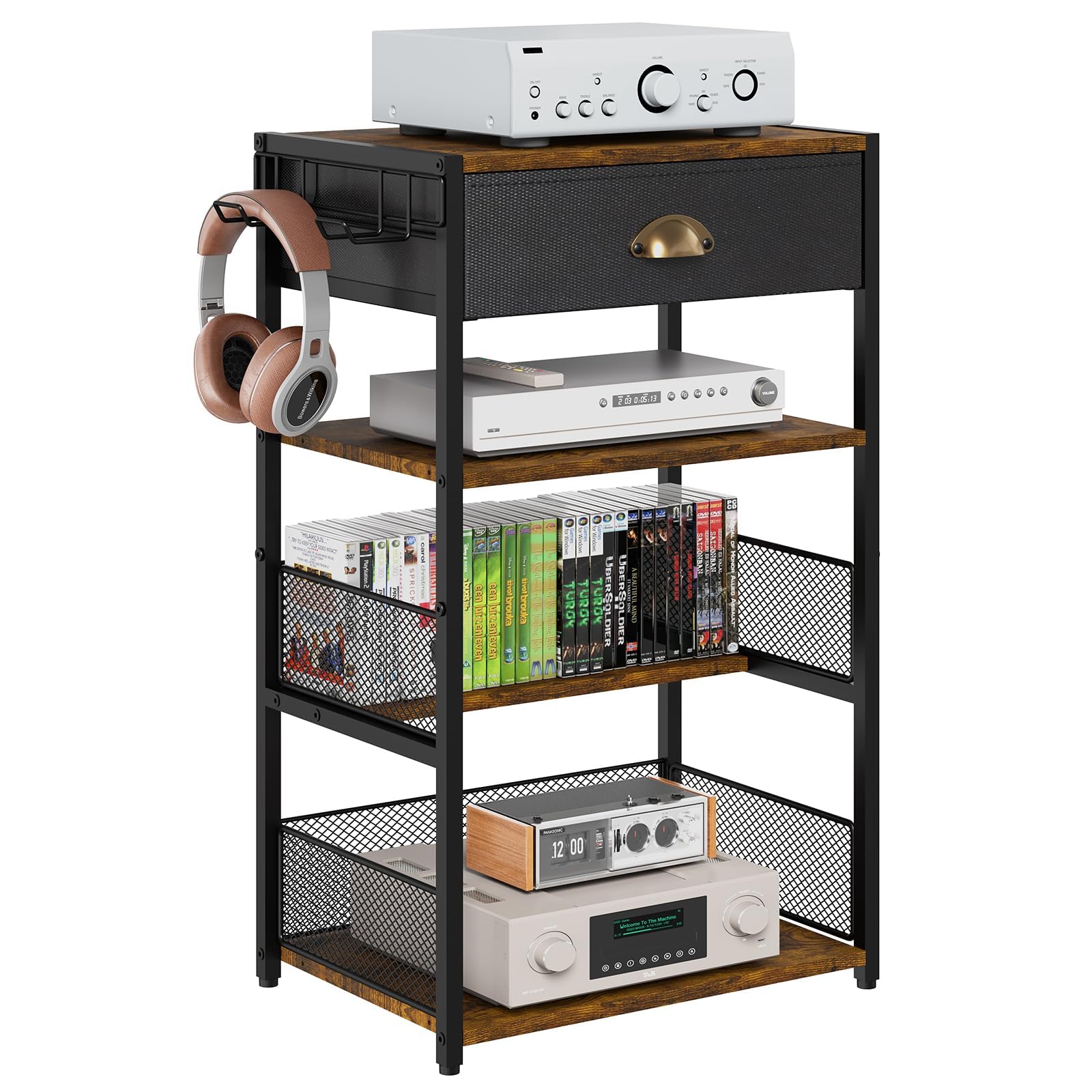 Hongtamoya 4-Tier AV Media Stand with Drawer, Video Game Console Shelf with 2 Hooks, Audio Rack Tower Perfect for/Xbox/ PS5/Switch/Game Consoles/DVD/Record Player/Projector/Sky Box/TV Accessories