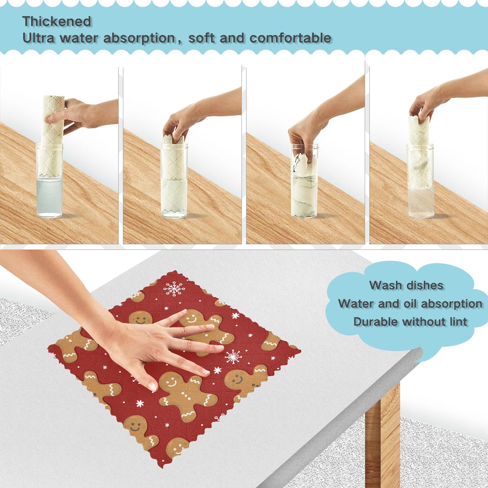 Christmas Cookie Kitchen Cloth Dish Towels Gingerbread Snowflake Kitchen Cloths Dishcloths Highly Absorbent Dust Dirty Cleaning Supply Kitchen Tableware Car Pack of 6 11x11 in