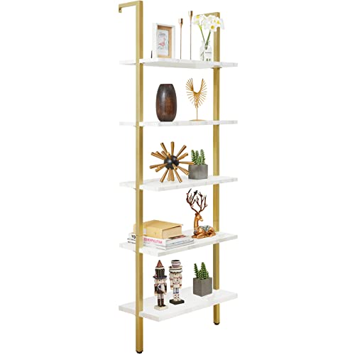 SUPERJARE Vanity Desk, Makeup Vanity with Stool & Tri-fold Lighted Mirror and Modern Ladder Shelf, 5-Tier Open Wall-Mounted Bookshelf with Stable Metal Frame