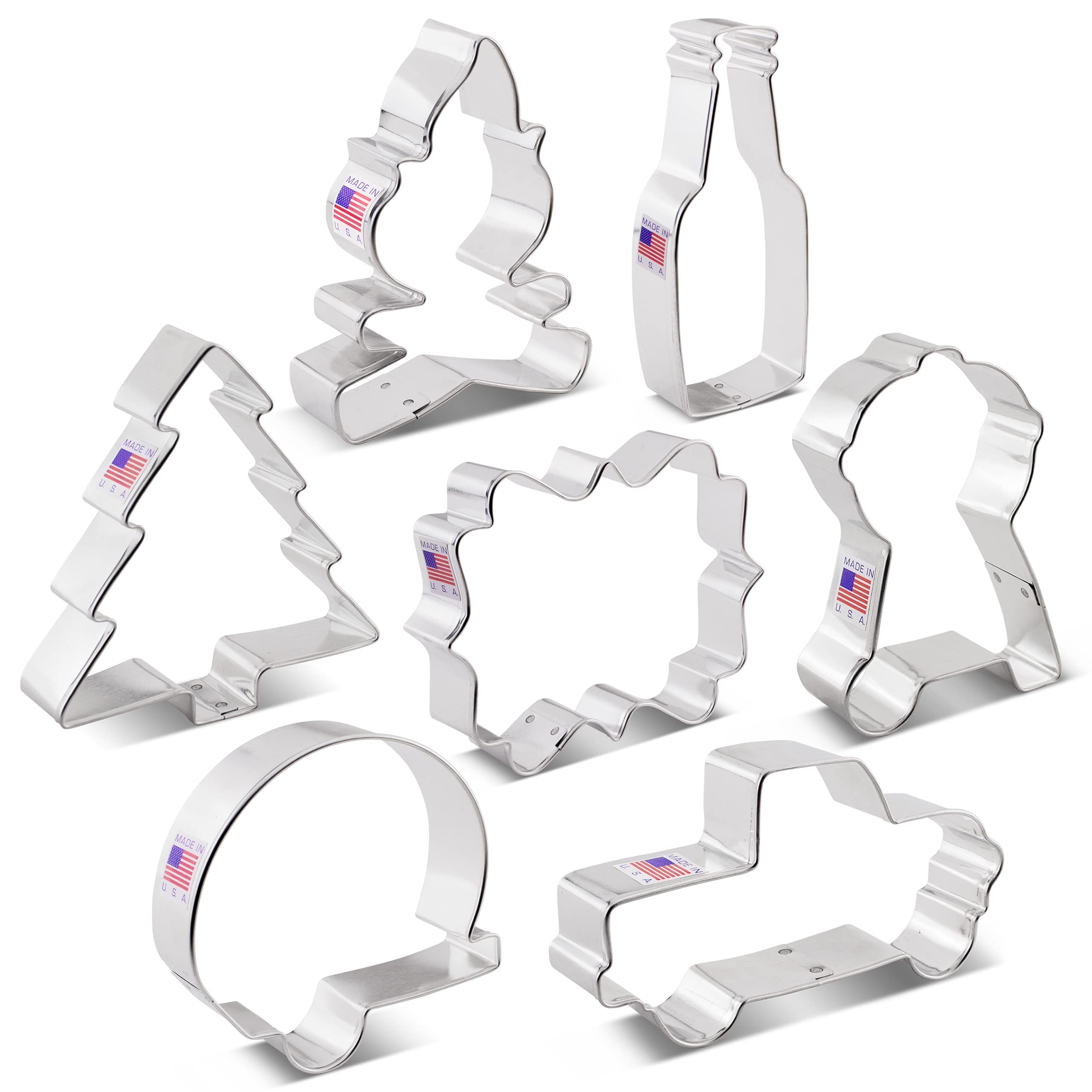 Father's Day Camping Cookie Cutters 7-Pc. Set Made in the USA by Ann Clark, Camper, Campfire, Grill, Pine Tree, Beer/Soda Bottle, and more
