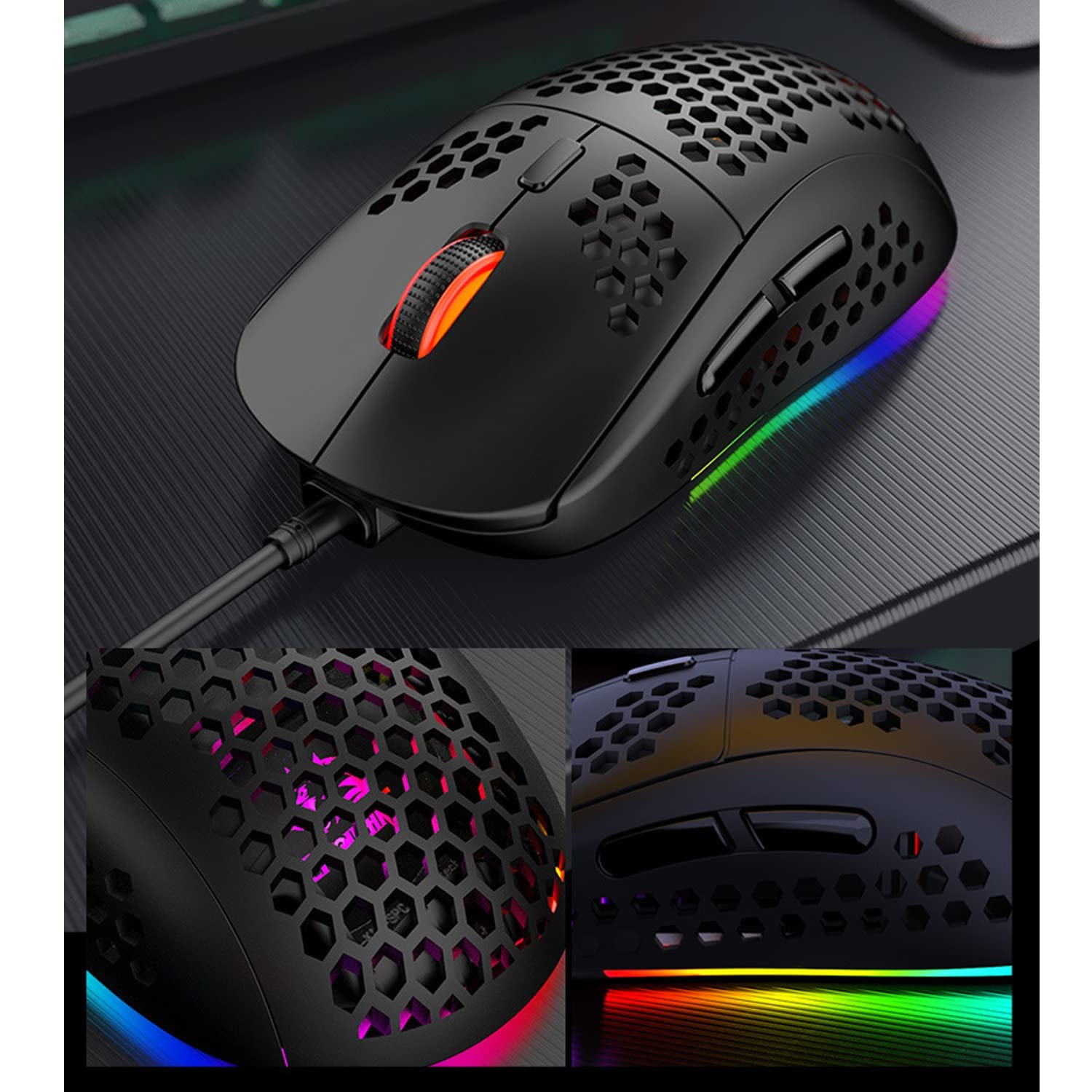 EXHNLE Gaming Keyboard and Mouse Combo Mini Portable with RGB Backlit Ergonomic 62Key Layout Mechanical Feel Honeycomb Mice for Gamer Laptop (Color : Black)