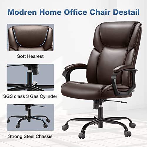 Office Chair - Ergonomic Home Office Chair High Back Executive Computer Desk Chair, Adjustable Height and Tilt Swivel Rocking PU Leather Comfortable Chairs with Wheels Armrest for Adults, Brown