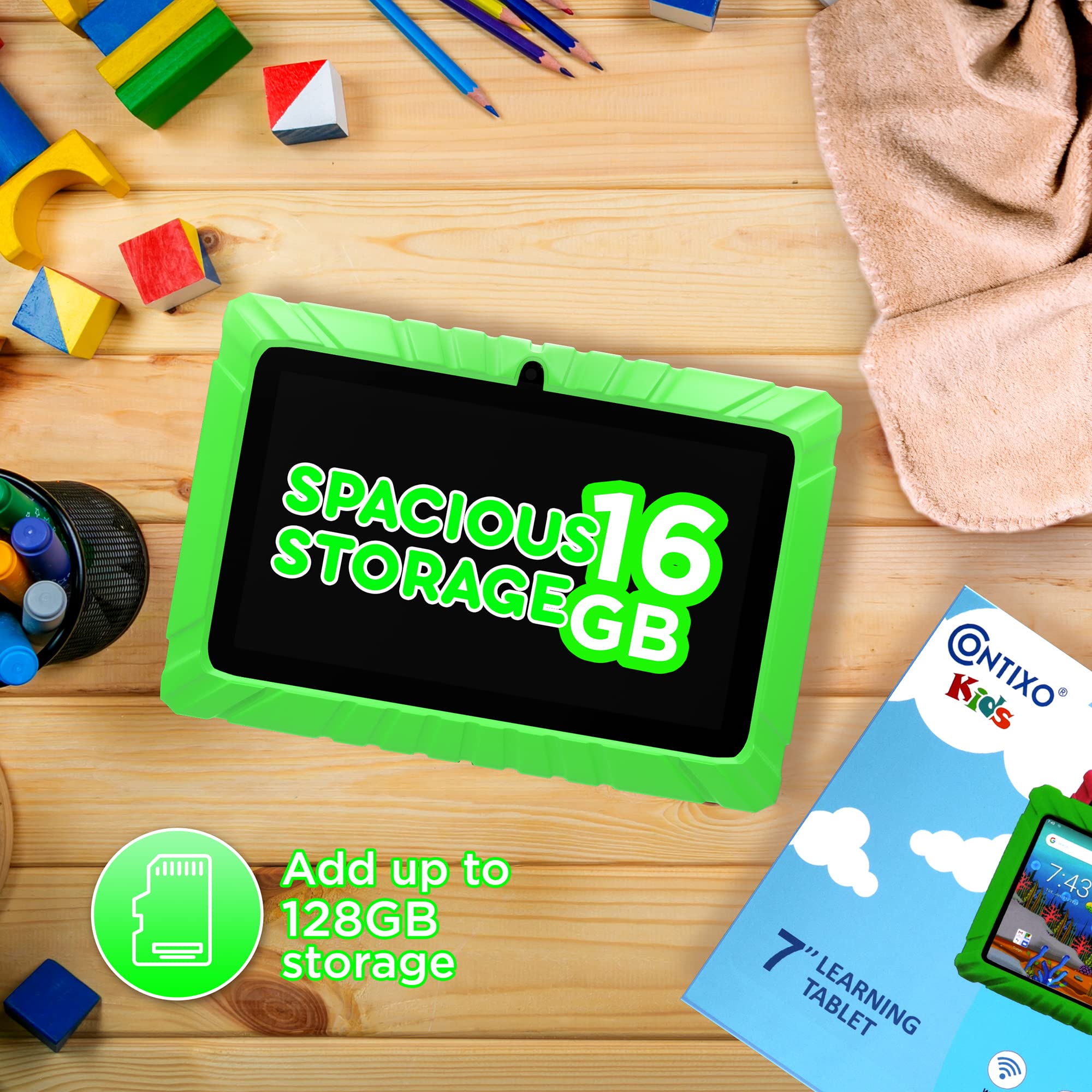Contixo Kids Tablet, V8 Tablet for Kids and KB-2600 Kids Foldable Wireless Bluetooth Headphone Bundle, Learning Tablet, Parental Control Family Link - Green
