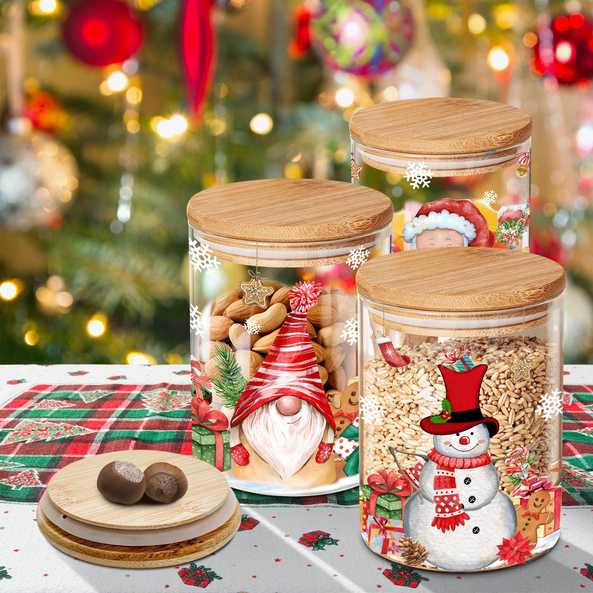 Christmas Decorations 3 Pack Glass Storage Jars-Christmas Gnome Canisters Sets with Airtight Bamboo Lid for Kitchen Countertop Snowman-Christmas Kitchen Decor Clear Glass Storage Jars Santa Claus