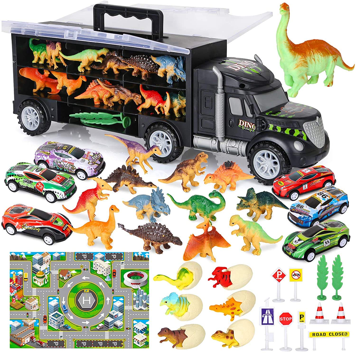 YIMORE Dinosaur Truck Toy Car Transporter Carrier Set Include Dinosaur Figures & Egg Mini Racing Car with Play Mat, Road Signs for Children 37PCS
