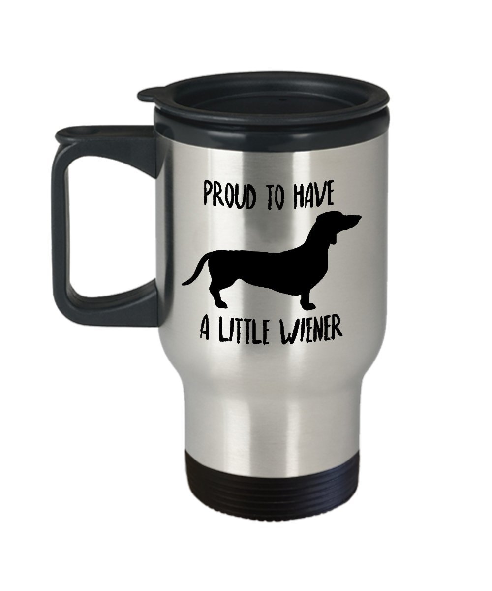Dachshund Travel Mug - Funny Insulated Portable Stainless Steel Coffee Cup with Handle and Lid for Wiener Dog Lovers