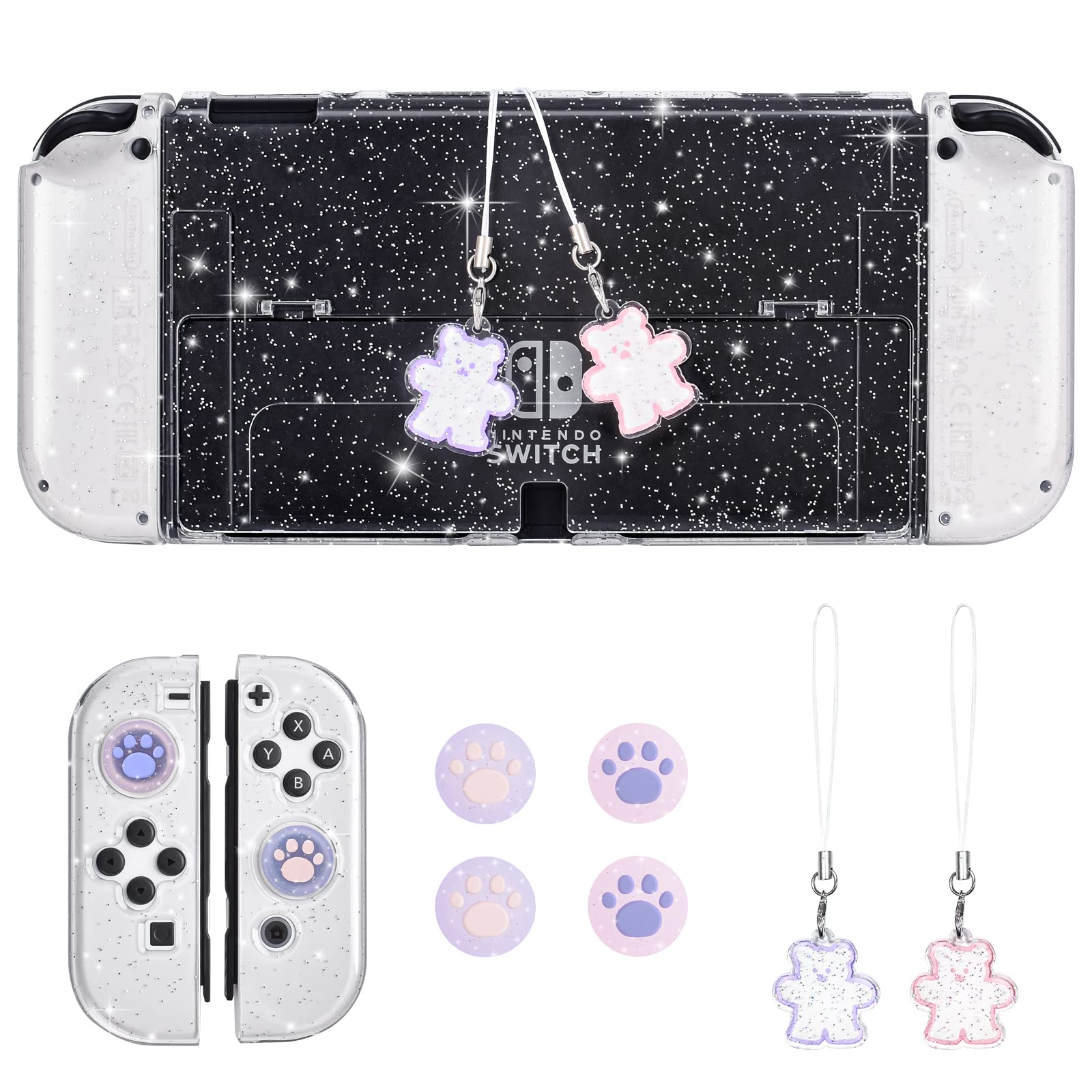 DLseego Glitter Theme Switch OLED Case Set Bling Protective Dockable Crystal Cover with Pink & Purple Shiny Cat Claw Thumb Grips and Sparkly Bear Charm