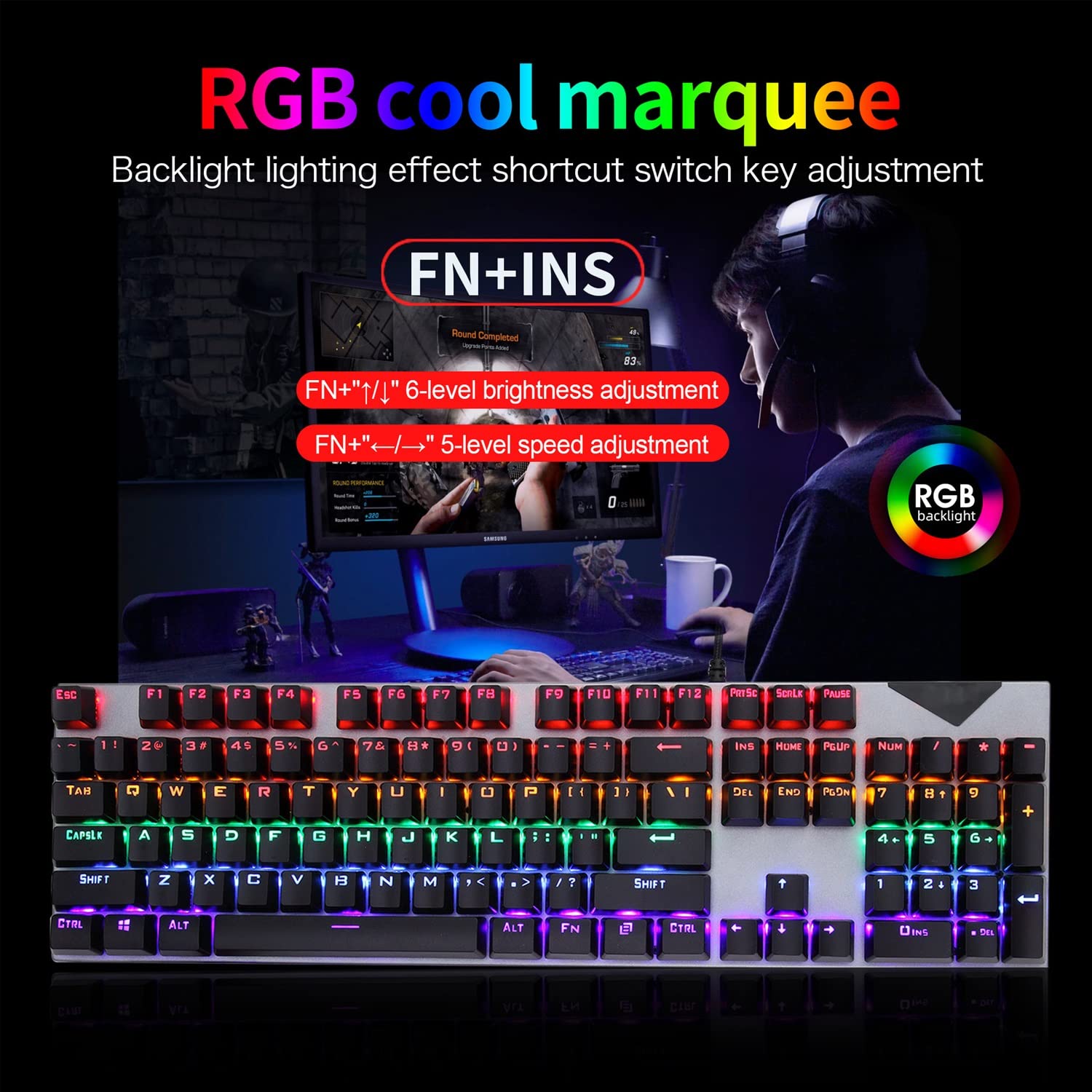 EXHNLE Mechanical Keyboard and Mouse, Wired Gaming Keyboard Blue Switch 104 Keys Rainbow Backlit Keyboard and 7 Button Wired Mouse 6400 DPI for PC Computer Gamer