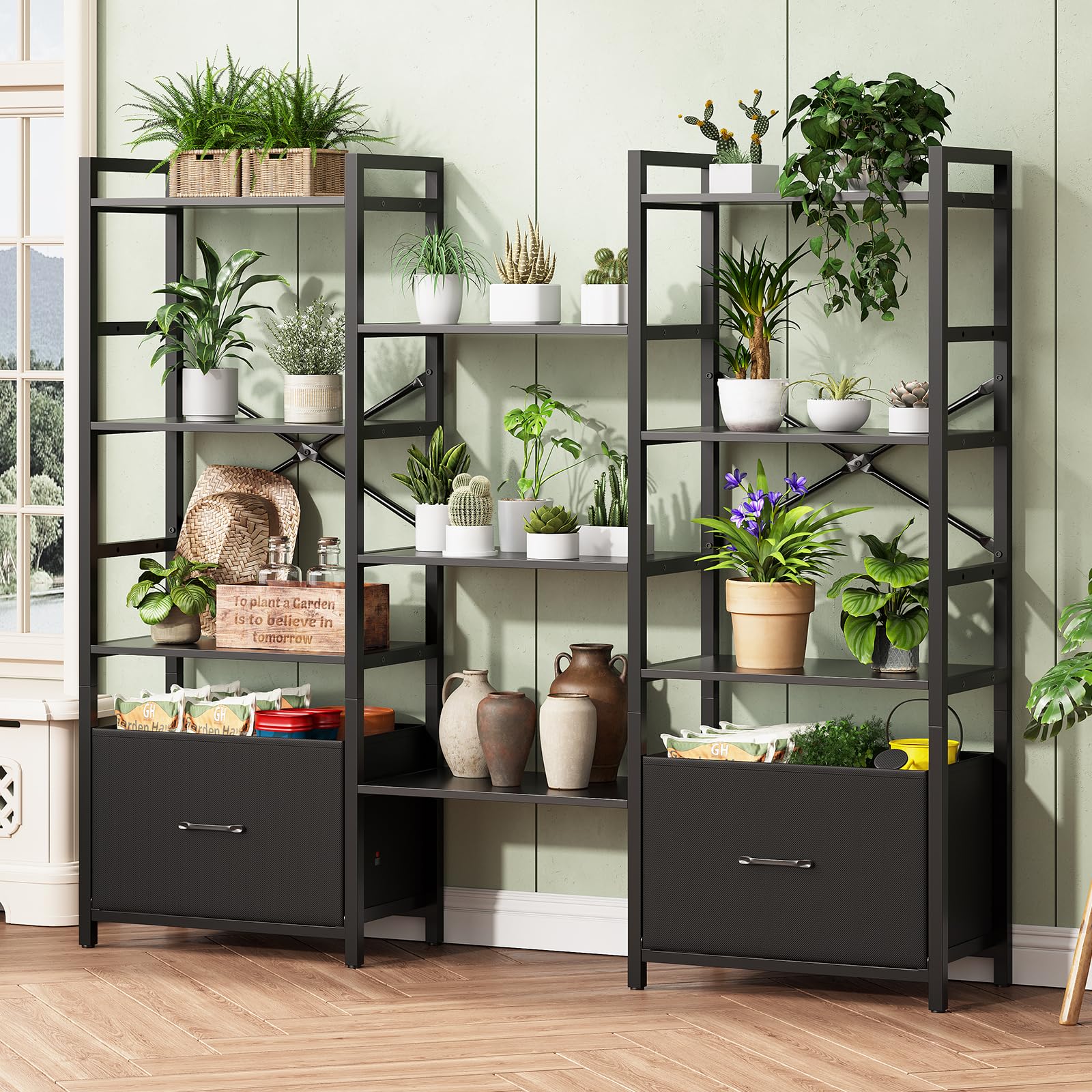 Itaar Triple 4 Tier Bookshelf with Drawers, Bookcase with Open Display Shelves, Industrial Wide Book Shelf with Metal Frame for Living Room, Office, Kitchen, Black