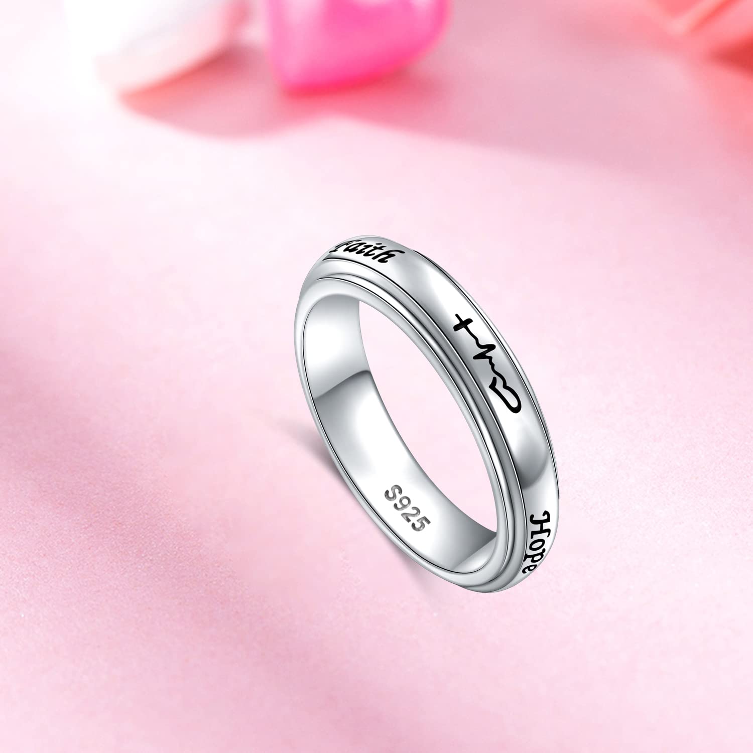DAOCHONG S925 Sterling Silver Spinner Fidget Anxiety Stress Relieving Boredom ADHD Autism Faith Hope Love Rings for Women, Size 9