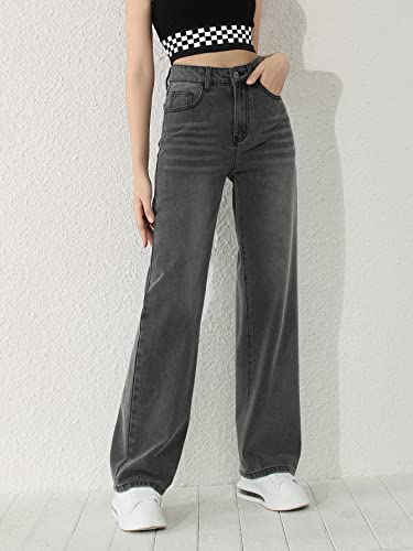 SweatyRocks Girl's High Waisted Solid Straight Leg Jeans Casual Loose Denim Pants Dark Grey 12-13Y