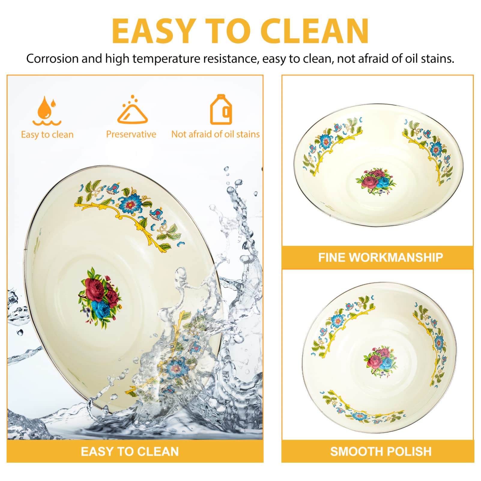 DOITOOL Enamel Plates Enamel Mixing Bowl Vintage Flower Large Salad Bowl Enamelware Washing Basin Chinese Style Soup Serving Bowl for Ramen Asian Dishes Cereal Rice Noodle Enamel Bowl