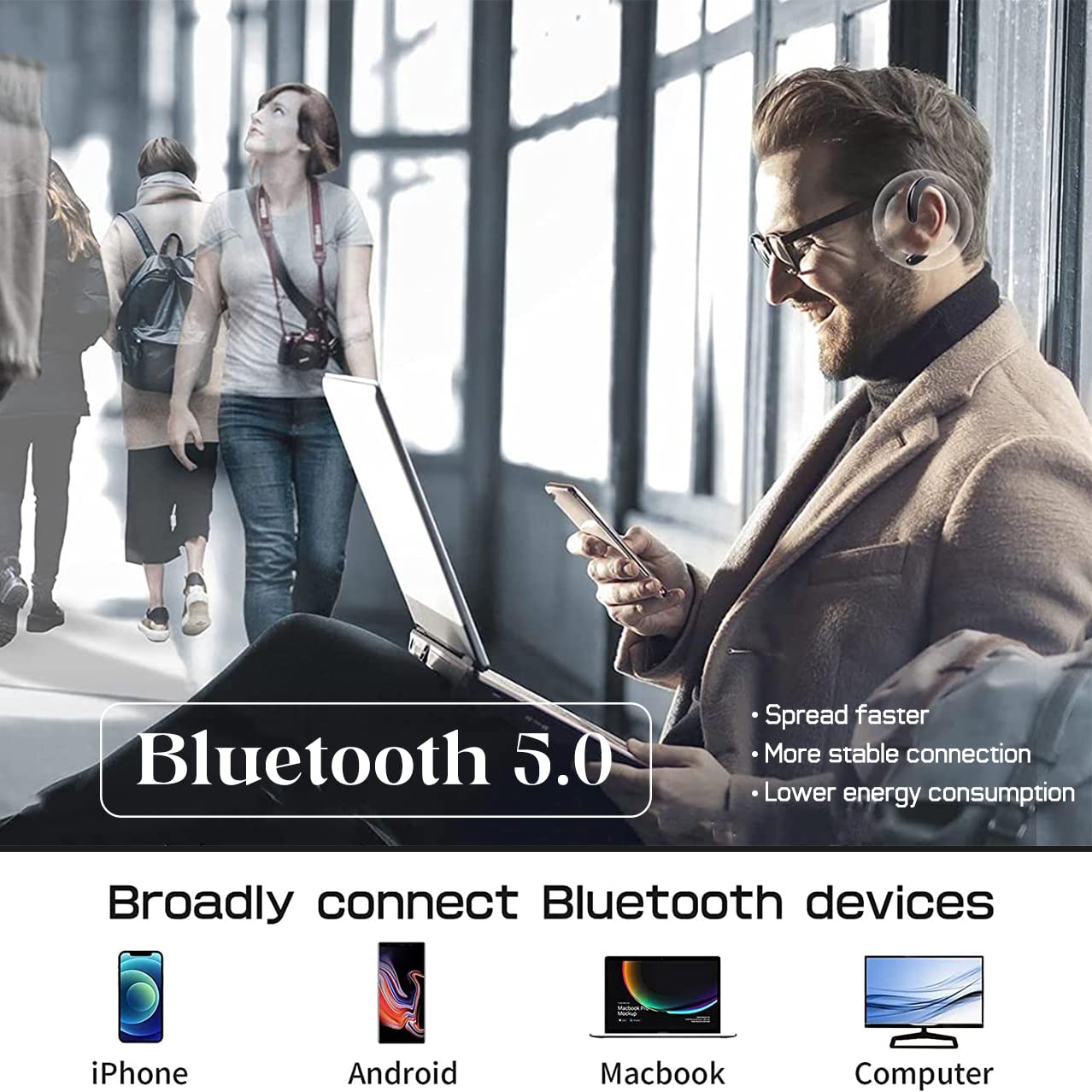 ESSONIO Open Ear Headphones Bluetooth earpiece Wireless Bluetooth Headphone with Microphone Headphone for Cell Phone Noise canceling Headphones
