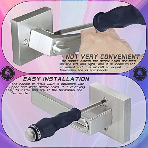 HADE LION Privacy Brushed Nickel Door Handles Lock Without Keys, Square Door Lever, Bathroom/Bedroom Heavy Duty Door Knobs Interior 1 Pack