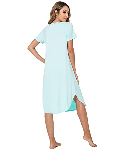 QUALFORT Womens Bamboo Nightgown Short Sleeve Sleepwear V Neck Loungewear Side Slit Soft Nighdress Aqua Green Medium