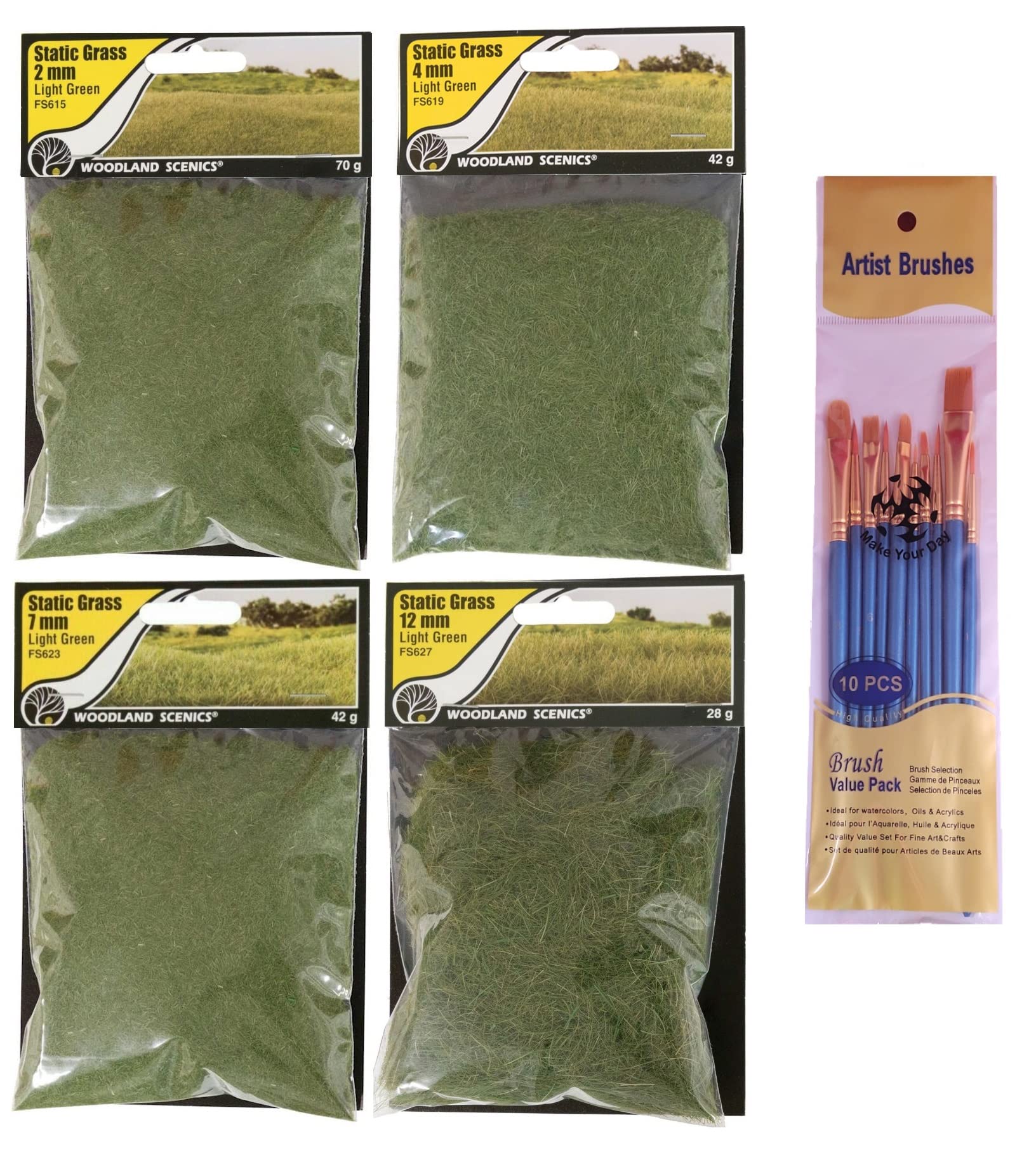 Woodland Scenics Static Grass Field System, Light Green 2mm, 4mm, 7mm, and 12mm (Pack of 4) - with Make Your Day Paintbrushes