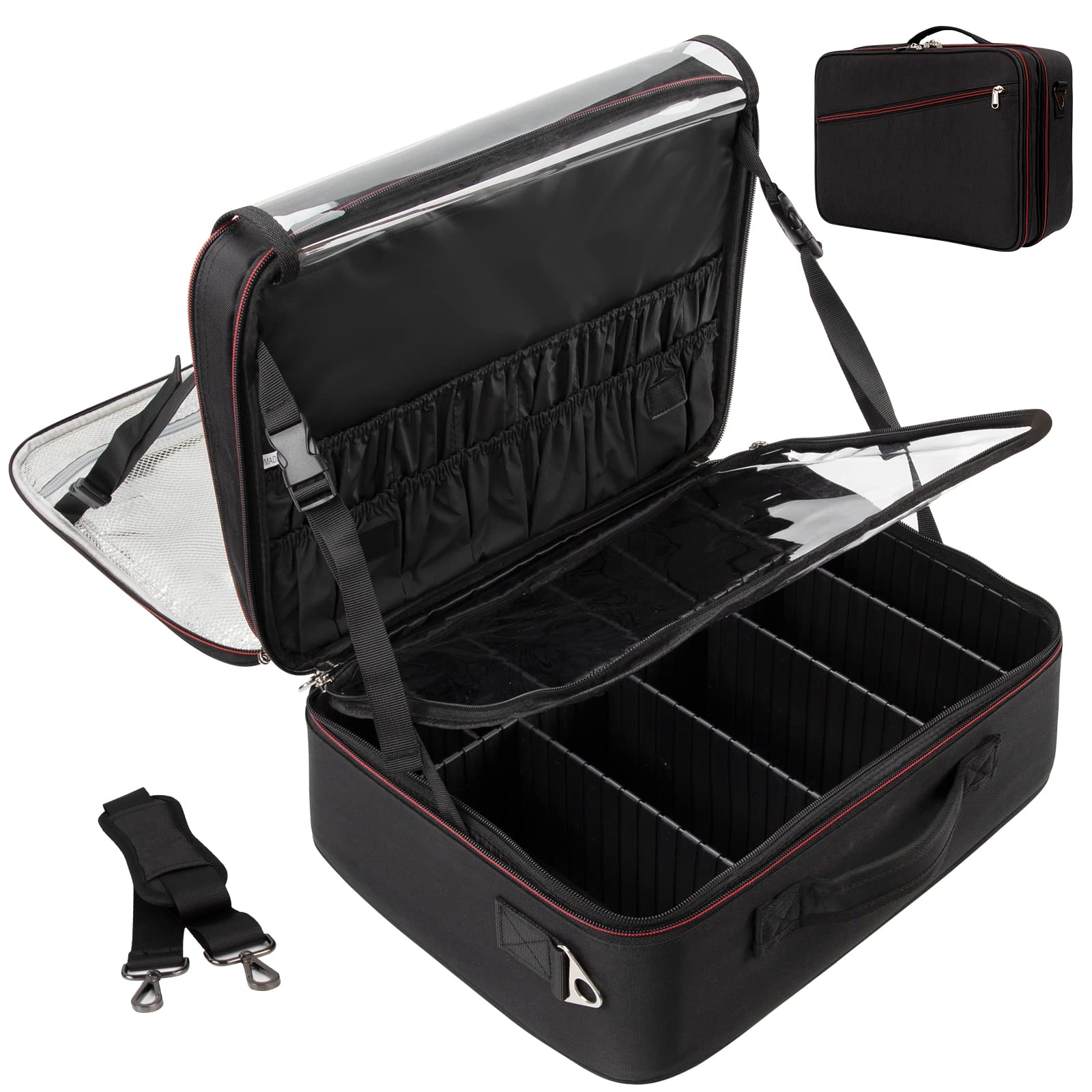 Extra Large Makeup Case, Makeup Bag Organizer Travel Cosmetic Case Portable Artist Storage Bag with Washable Plastic Divider and Heat Insulation Layer For Lipstick Makeup Toiletry Accessories Black