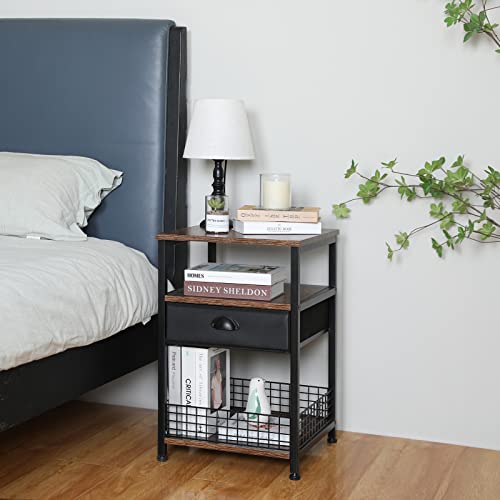 Industrial Nightstand, Bedside Table End Table with Storage Drawer, Open Wood Shelf, 16βx 16β Side Table with Adjustable Feet, for Bedside Sofa Couch, Living Room, Bedroom, Black and Brown