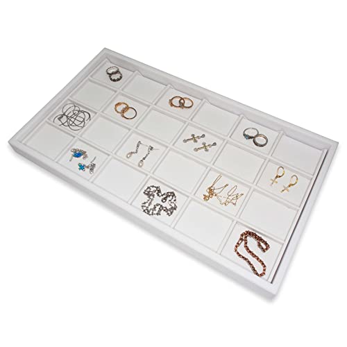 CuteBox Company Black Plastic Tray (14.75β x 8.25β x 1β) with 24 Compartments White Wooden Tray Insert for Jewelry Storage, Organization, Merchandise, Display