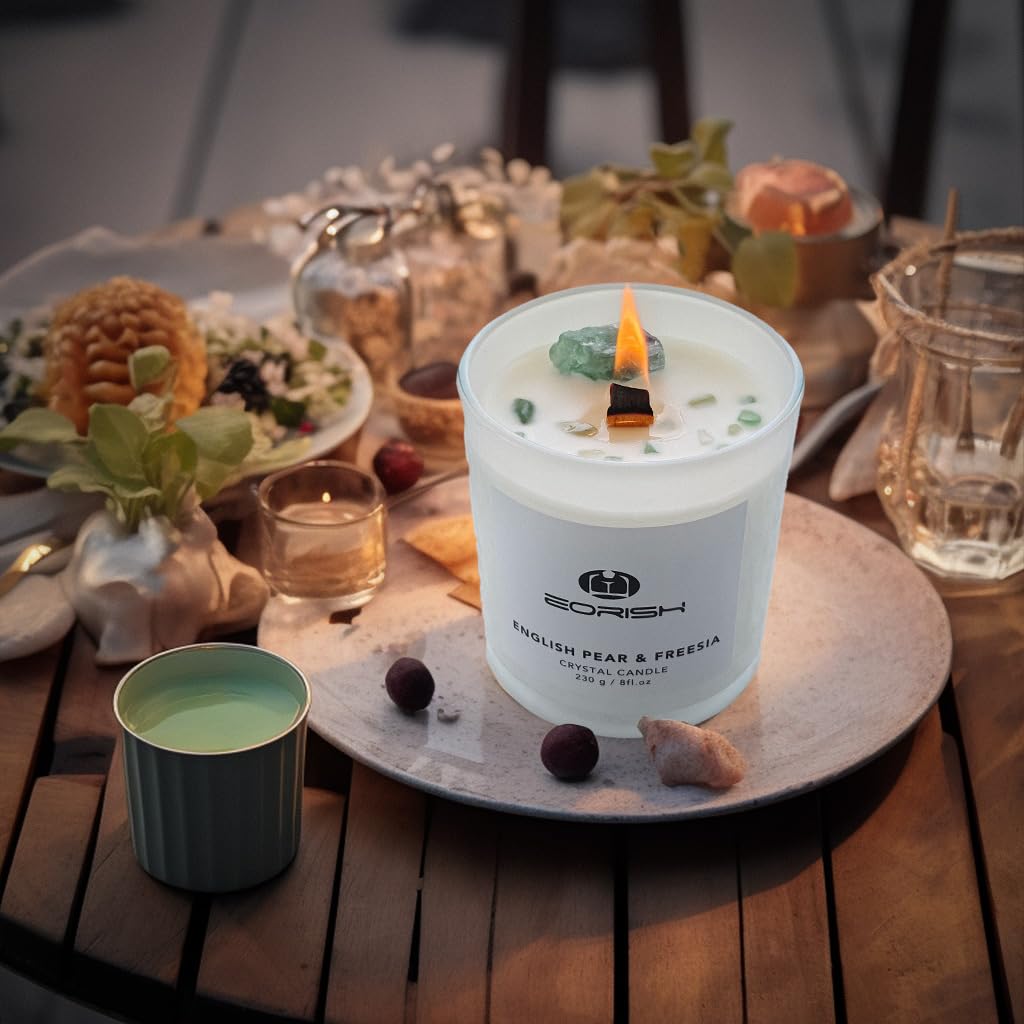 Candles with Crystals Inside, Healing Crystal Candles, Natural Candle for Home Scented, Pear & Freesia Scented Aromatherapy Candle Gift for Women