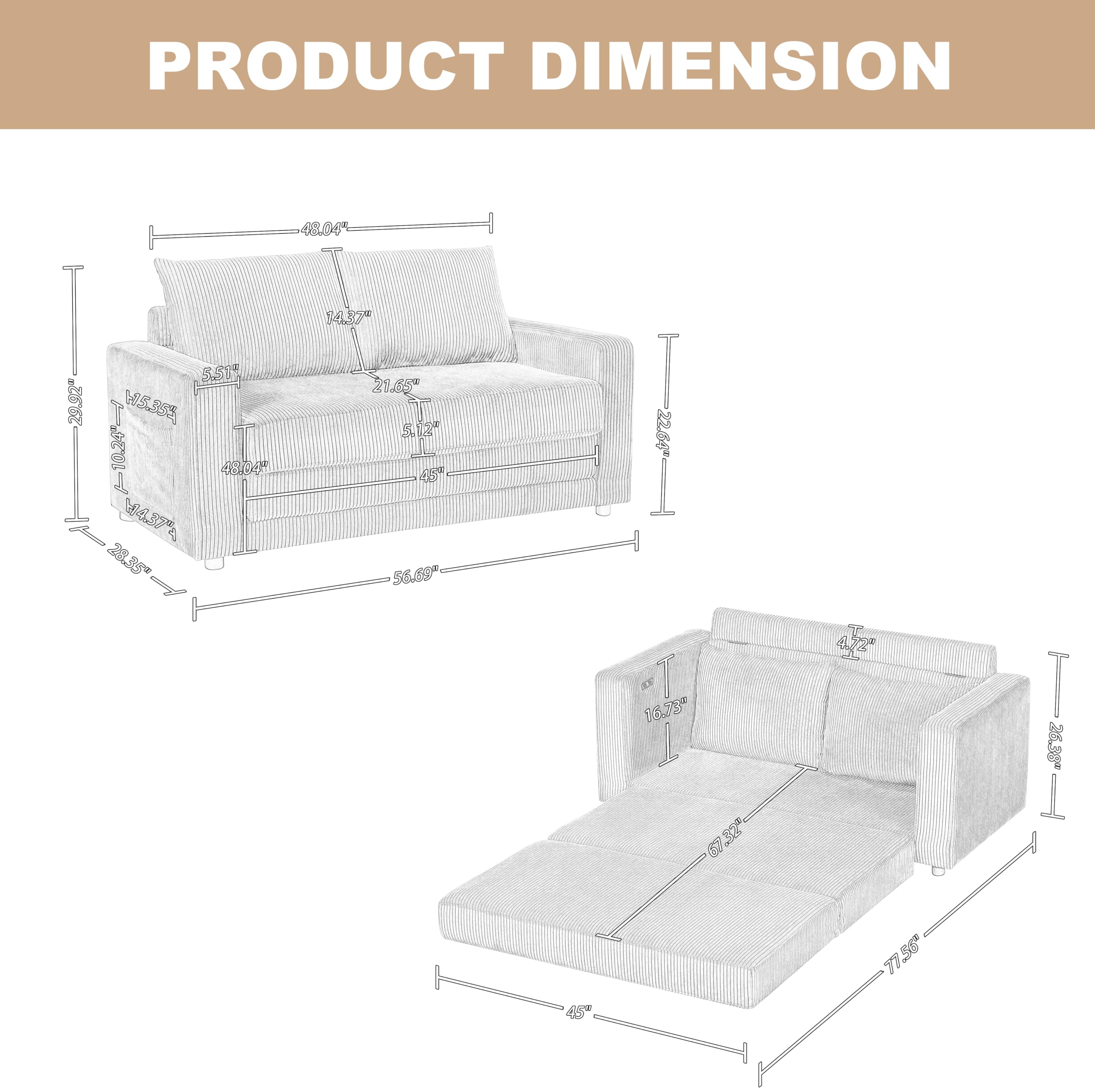HOLYFIND Linen Folding Couch for Living Room Set Furniture, Convertible Futon Queen Sleeper Sofa Bed with Pullout -Side Pockets &2 USB Charging Ports Office Comfortable Cushions (Dark Blue)