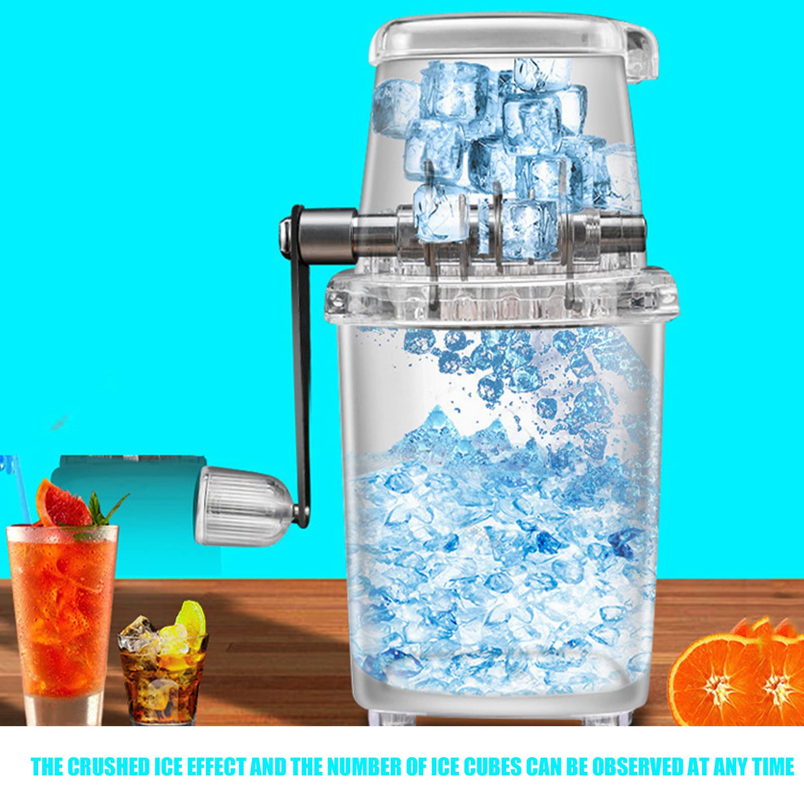 Hand Cranked Ice Crusher, Clear Rustproof Multifunctional Manual Ice Crusher Household Ice Breaker Mini Portable Ice Maker with Stainless Steel Blades for Home Kitchen(Transparent)