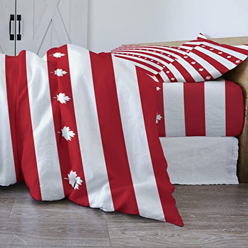 Queen Comforter Covers Sets Happy Canada Day 4 Piece Duvet Cover Set Lightweight Microfiber Soft Bedding Set for Adult Teen, Red Striped Maple Leaves