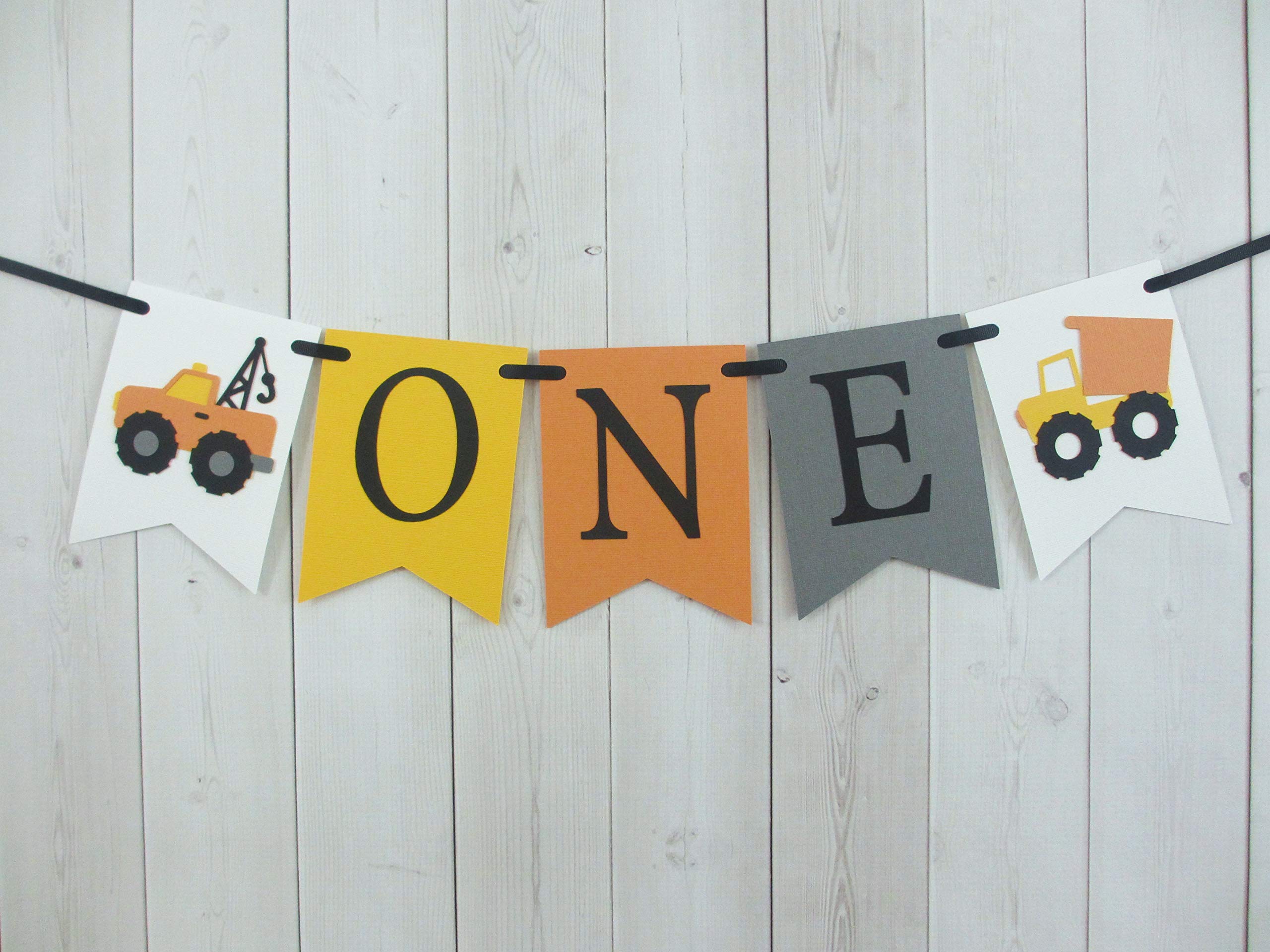 Construction Truck ONE Age High Chair Birthday Party Banner Sign Orange Yellow Grey