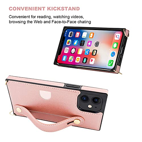 KIHUWEY Compatible with iPhone 12 iPhone 12 Pro Crossbody Wallet Case with Credit Card Holder, Protective Kickstand Cover Case 6.1 Ihch (Rose Gold)
