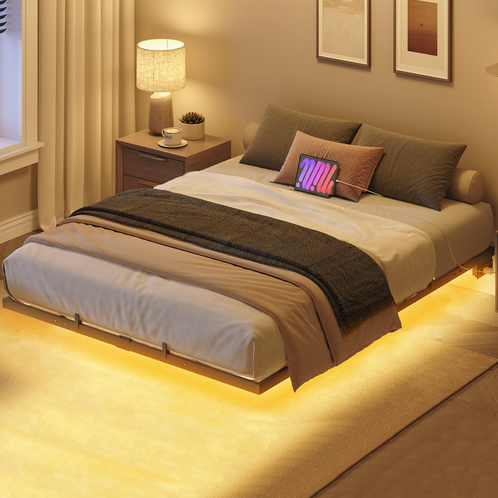 HOOBRO Floating Bed Frame King Size, Bed Frame with Charging Station and LED Lights, Industrial Style Metal Platform King Bed, Soundless, No Box Springs Needed, Black