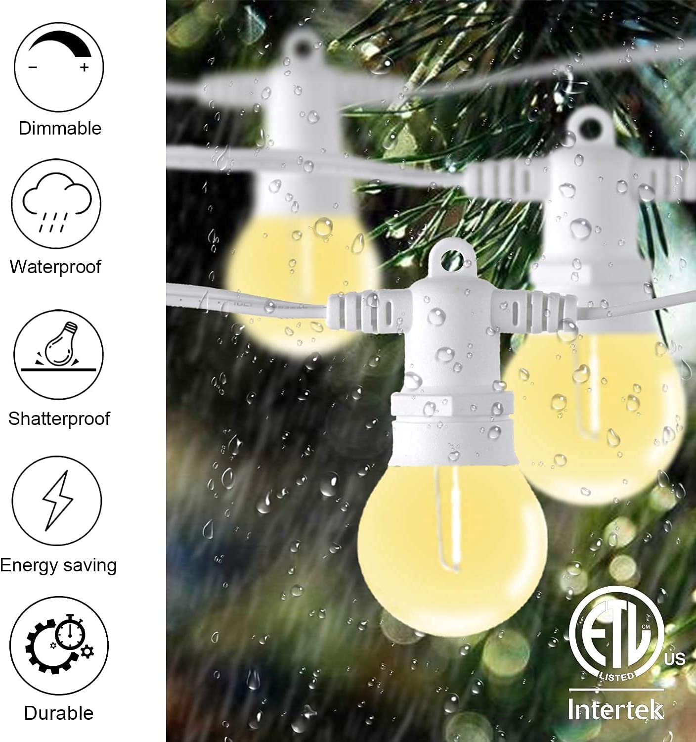 WOOLZ 50FT Led Outdoor Patio Lights with 24+1(Spare) 1W Dimmable Shatterproof G40 Bulbs, Waterproof Outdoor String Lights for Garden, Bistro, Cafe, Pergola and Porch.