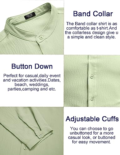 COOFANDY Men's Casual Beach Shirts Linen Shirt Men Long Sleeve Button Down Shirt Mandarin Collar Light Green