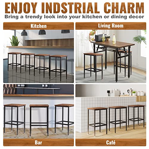 VEVOR Rustic Bar Stools, 25.6β Tall Rectangle Seat, Set of 2 Bar Chairs with Footrest Steel Frame Adjustable Feet, Wooden Industrial Kitchen Stool for Kitchen Dining Living Room, Rustic Brown