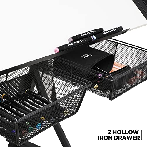 MoNiBloom Height-Adjustable Drafting Table, Tiltable Tabletop Drawing Table Adult Art Craft Work Station w/Stool for Reading Writing Painting, Homeschooling Desk for Children with 2 Storage Drawers