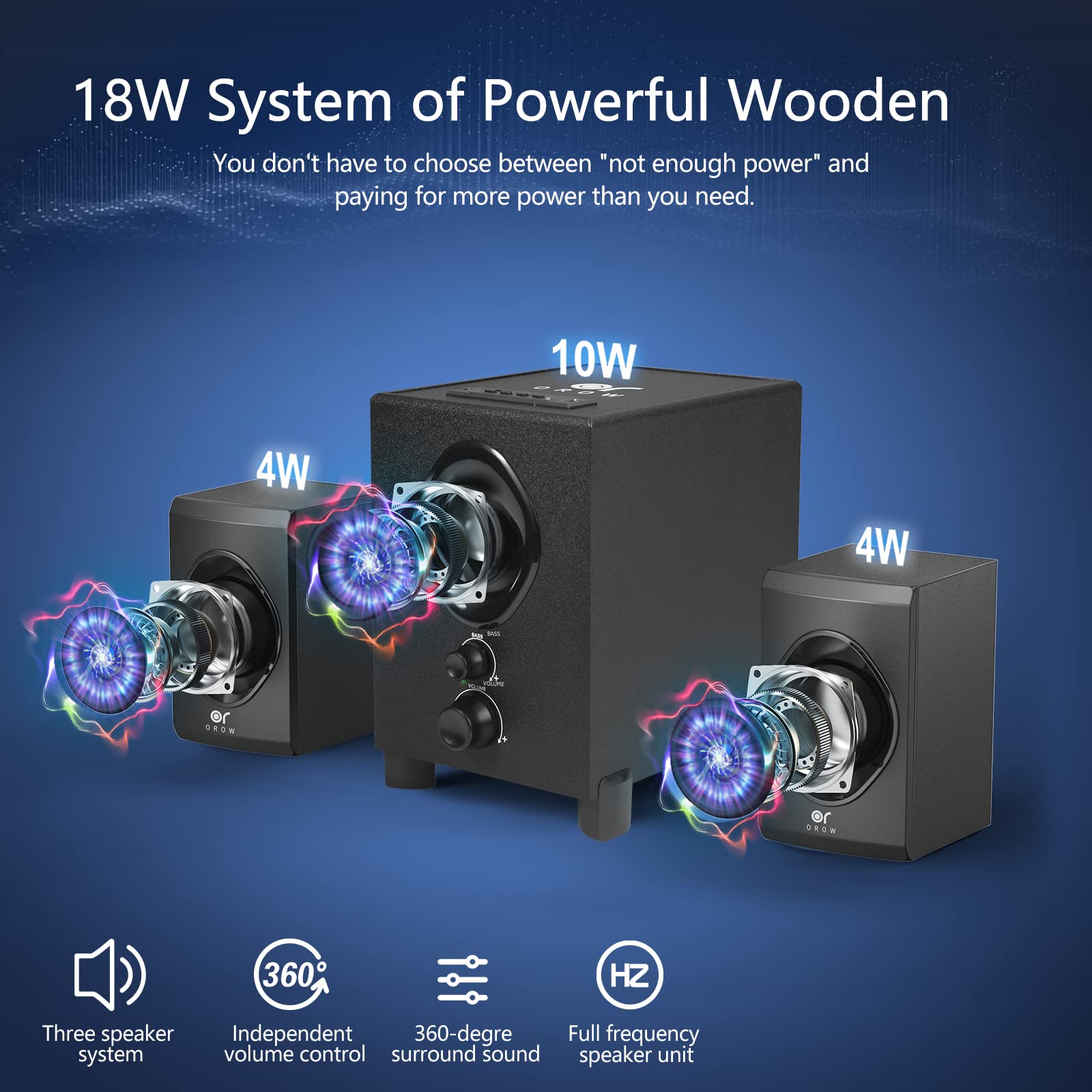 OROW(Upgrade S213) Bluetooth Computer Speakers,PC Speaker with Subwoofer,Front Knob 18W Wireless PC Speakers,Support AUX&Bluetooth Play,Great for Party/Game/TV (S213)